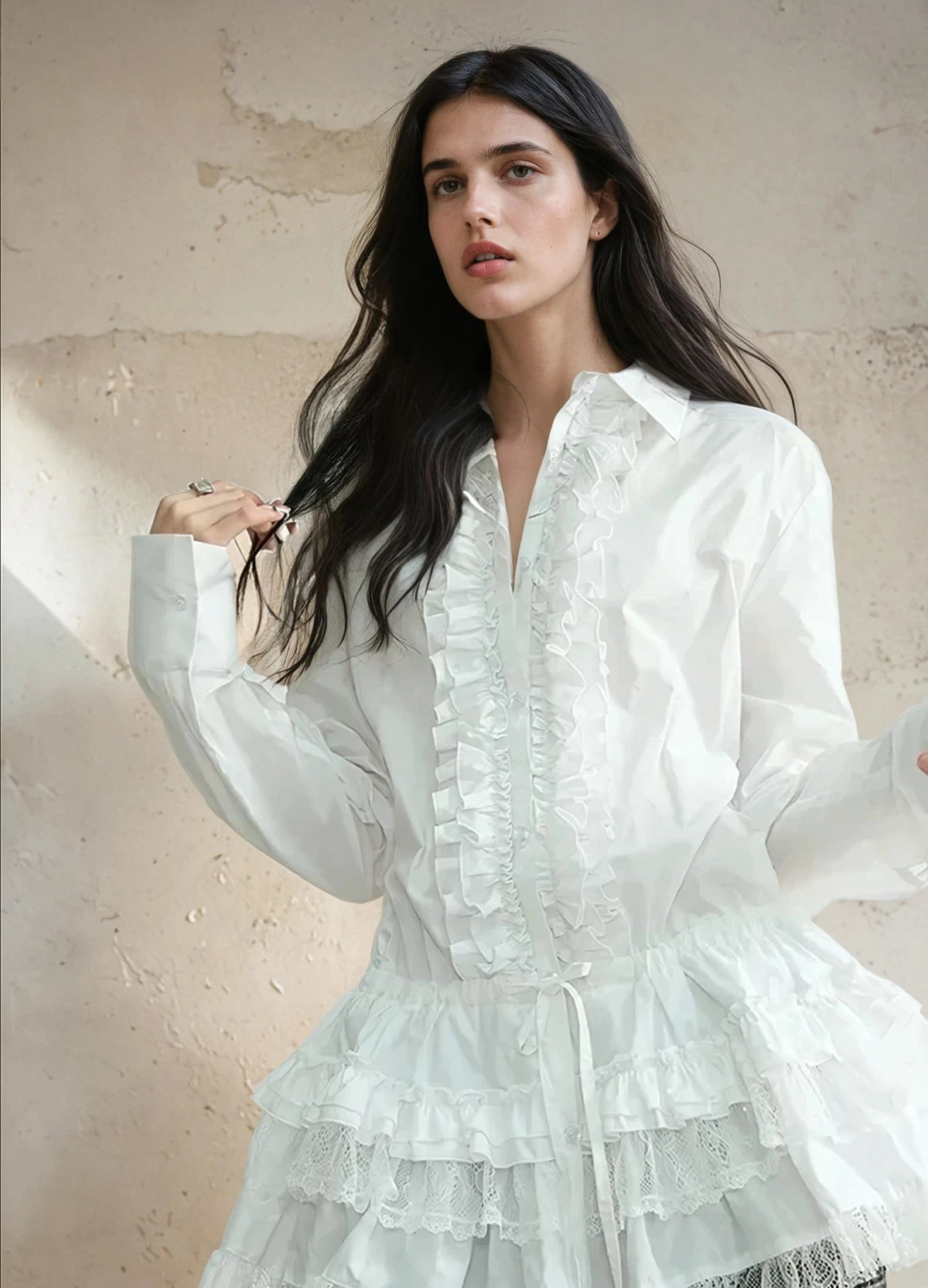 White Lace Ruffles Big Size Elegant Blouse | UNUSUAL